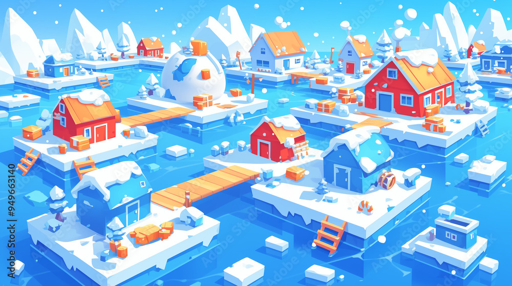 A 2D platformer background set in a snowy Arctic landscape, with igloos ...