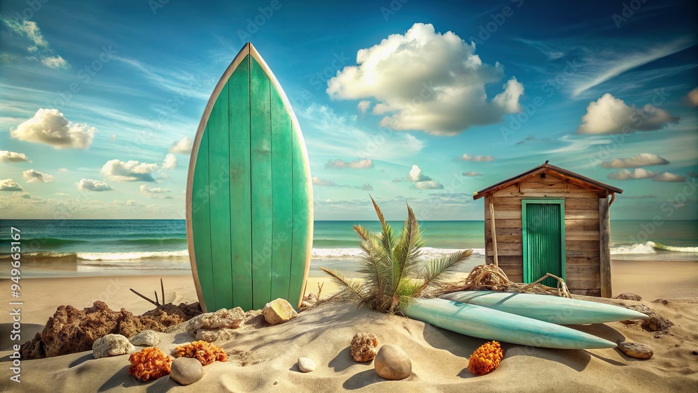 5. A seafoam green 1960s retro-style surfboard leans against a ...