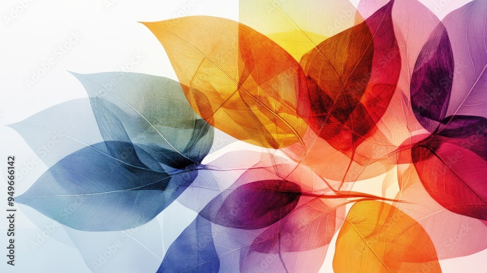 Colorful transparent leaves arranged in a dynamic abstract design, with ...