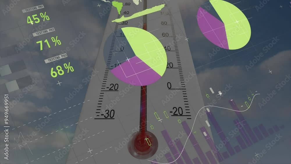 Pie charts and bar graphs animation over thermometer and world map ...
