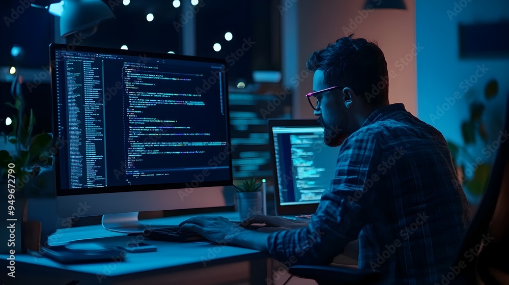 Developer Immersed in Efficient Coding Environment with Dark Theme and ...