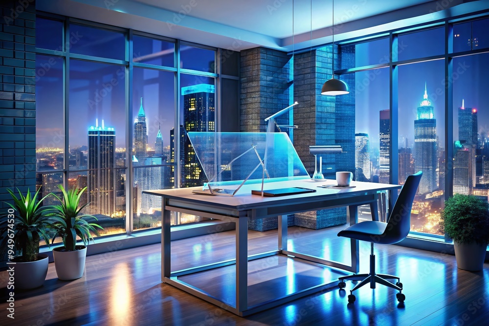 Glassy modern office interior featuring sleek drafting table with ...