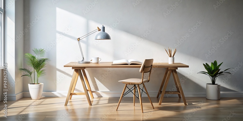 Minimalist studio setup with blank blueprints elegant wooden desk and ...