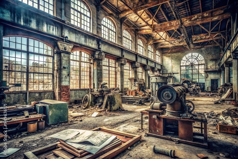 Abandoned factory with rusted machinery old blueprints and broken tools ...