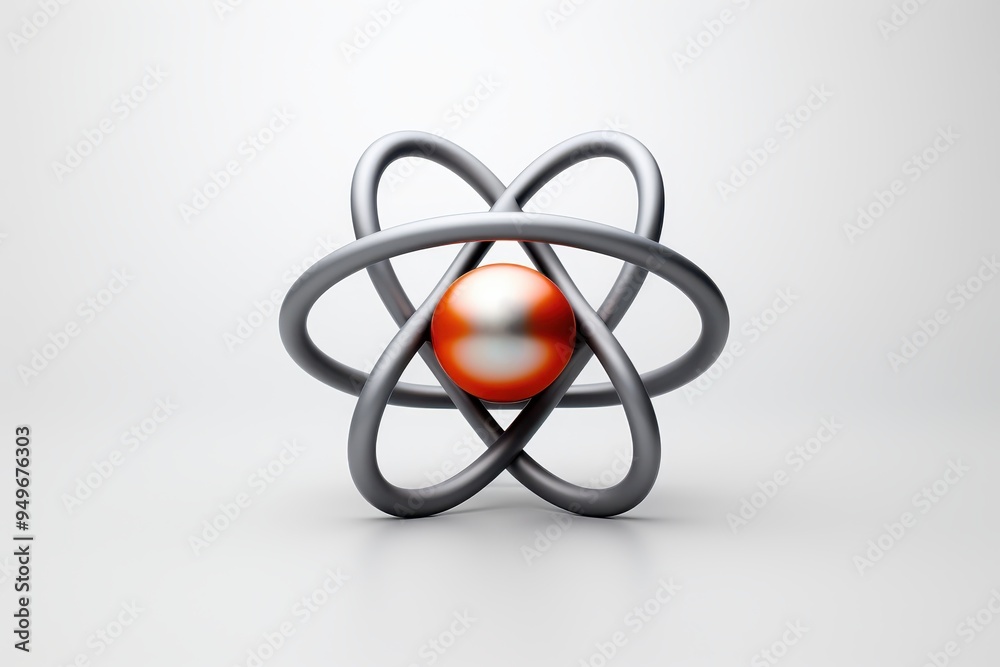 Atomic Structure 3D Model: A minimalist 3D rendering of a silver atom with an orange nucleus ...