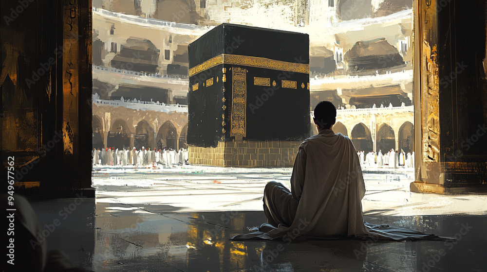 Devotee in prayer facing the Kaaba during a peaceful moment in Mecca’s ...