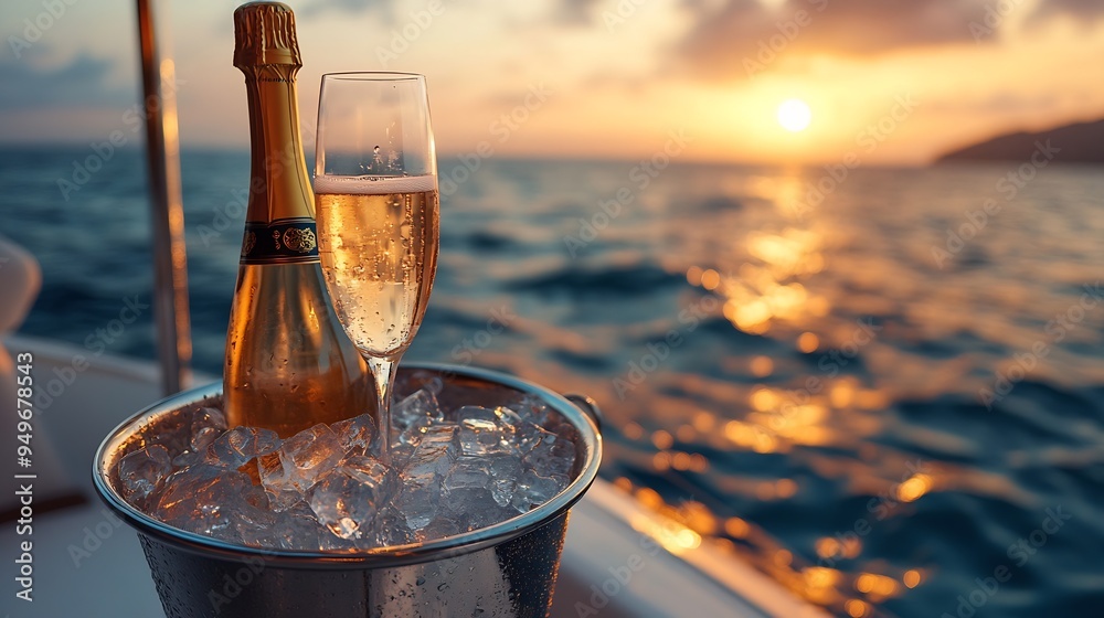 Champagne bottle in ice bucket with champagne glass for serving to ...