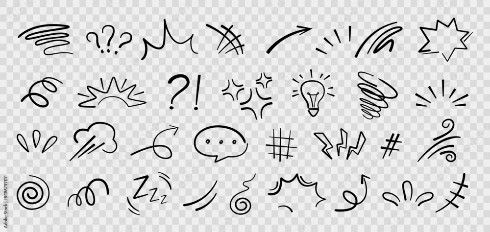 Handdrawn anime manga doodle line elements set. Collection of graphic ...