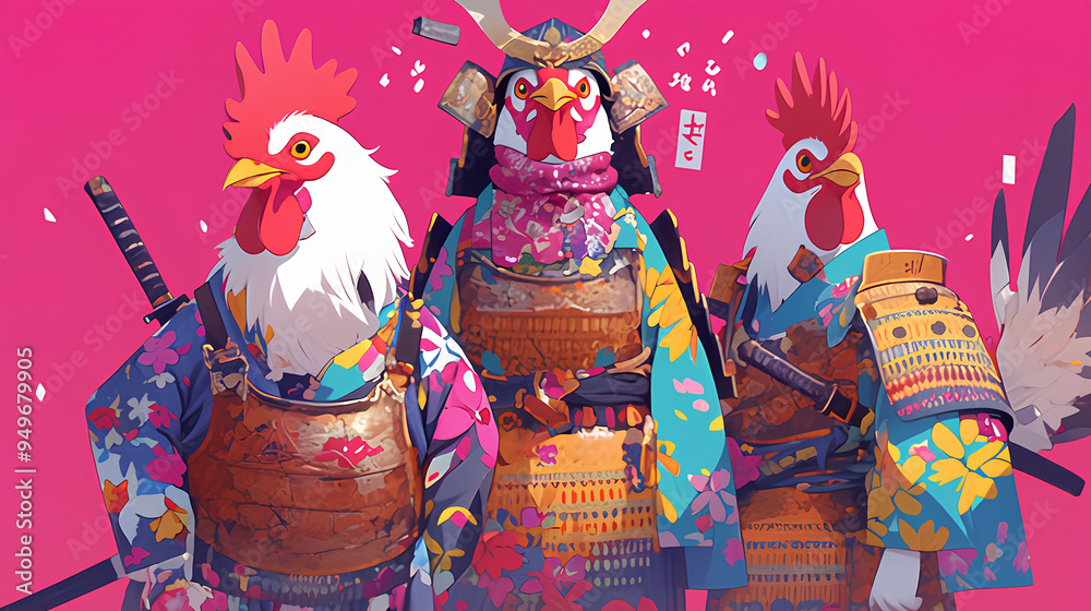 Cute chicken wearing Japanese samurai armor, cool poses, cute kawaii ...