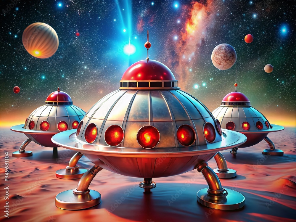 Retro-futuristic space age scene featuring gleaming metallic roofing ...