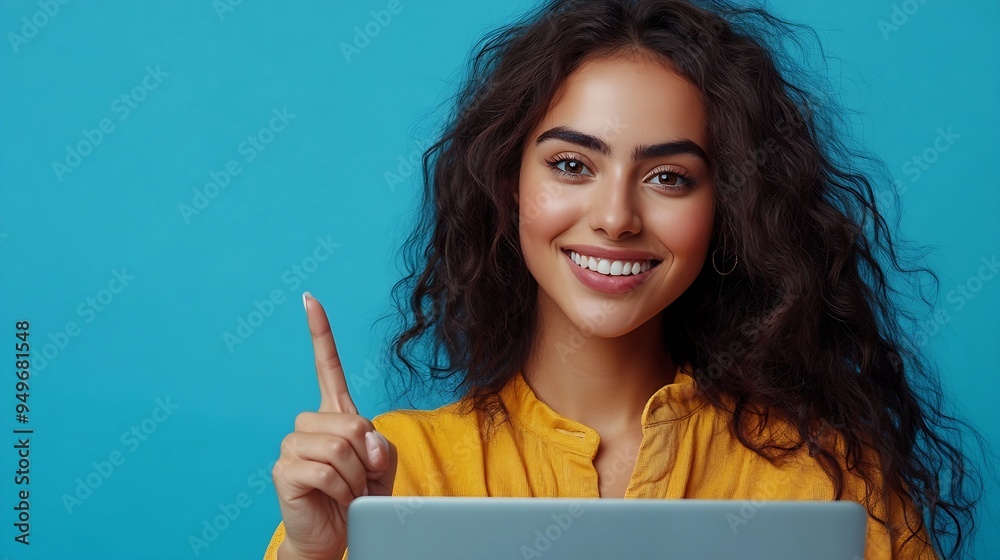 Young Middle Eastern lady in casual showing laptop pointing finger at ...