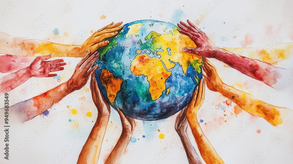Hands of diverse colors support painted globe, symbolizing unity and ...