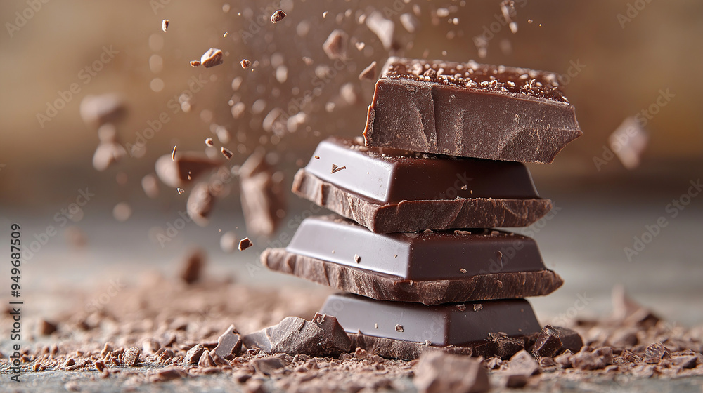 Falling broken chocolate bars on black slate background with cocoa ...