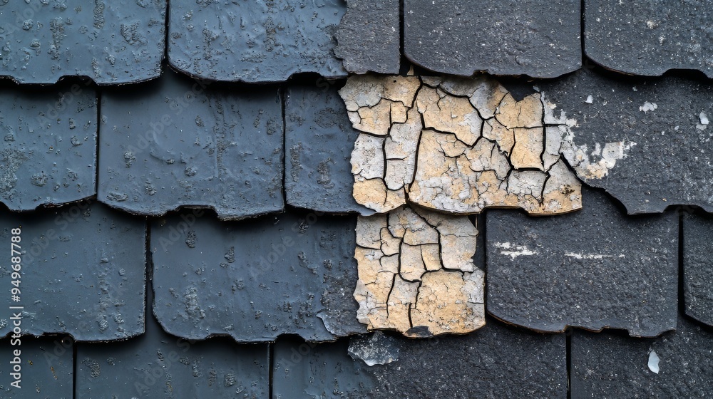 A close-up comparison of a shingle roof before and after a severe ...