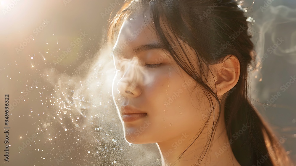 A serene shot of an Asian model spraying a facial mist, with tiny ...