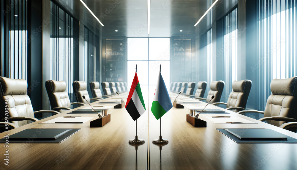 A modern conference room with UAE and Djibouti flags on a long table ...