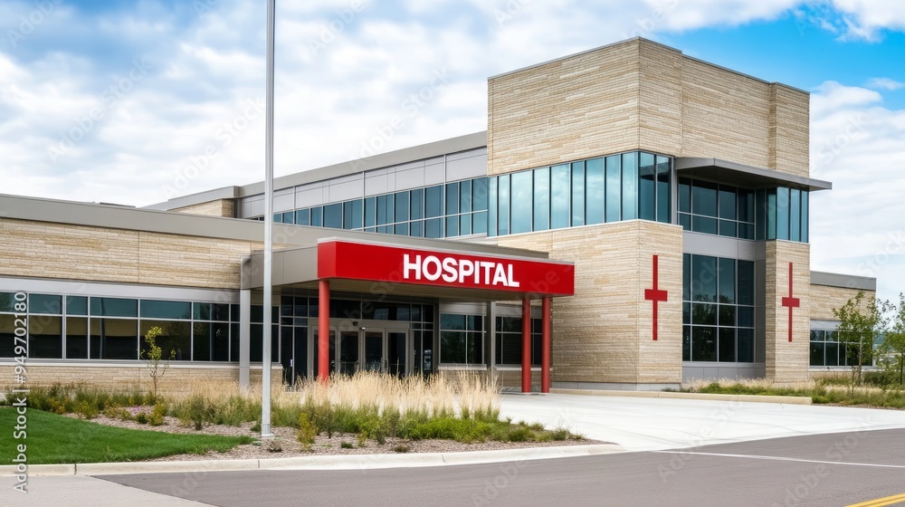 Hospital Frontage, Prominent "HOSPITAL" Signage with Health Plus ...