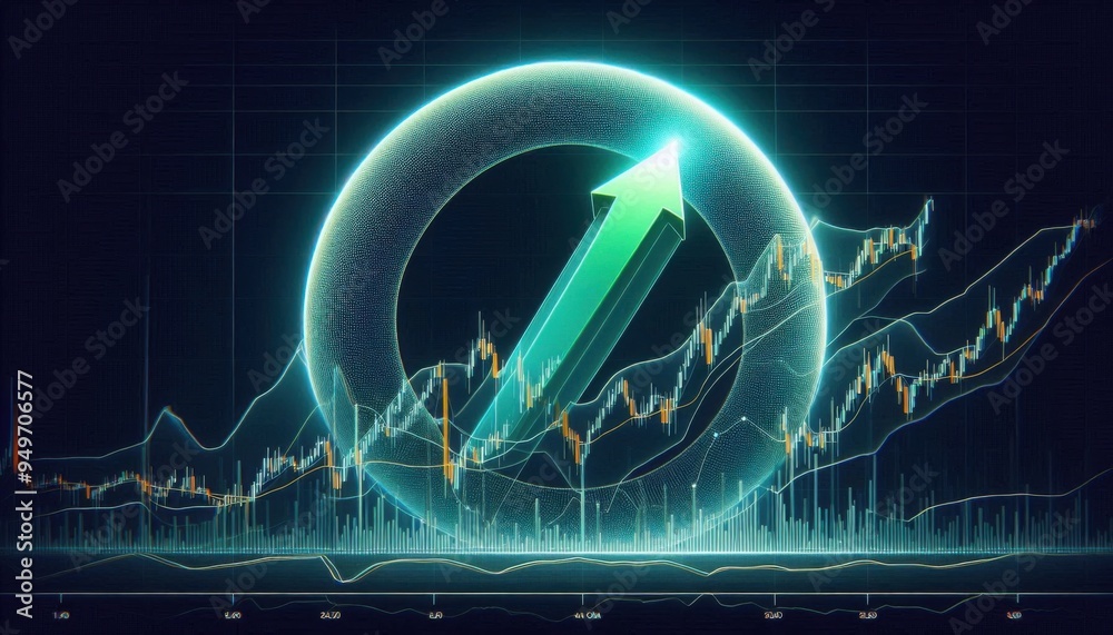 A trading chart with a breakout signal indicated by a large green arrow ...