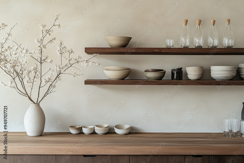 Foto de kitchenware counters, walls, and shelves with a modern Japandi ...