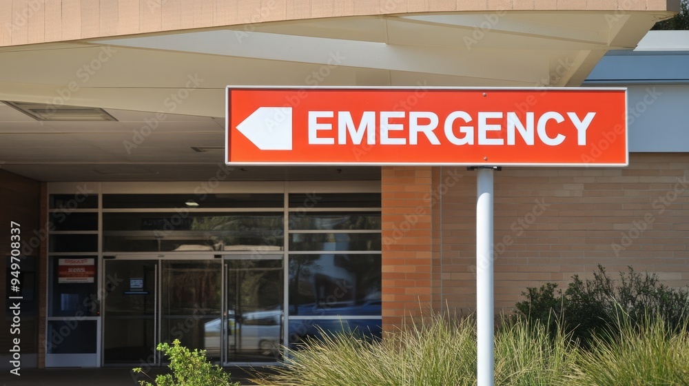 Hospital Main Entrance with "EMERGENCY" Sign, Arrow Points to Services ...