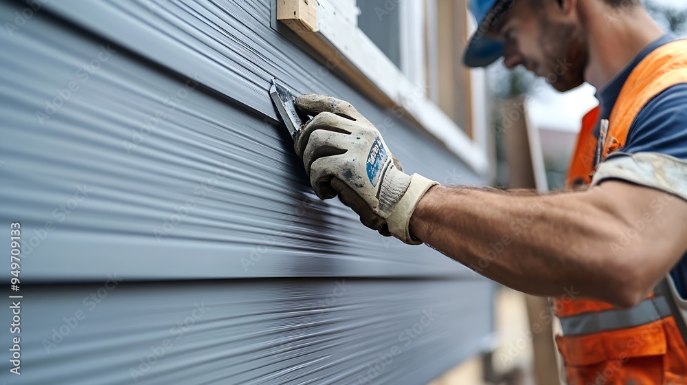 Handyman process installing vinyl PVC siding during construction on ...
