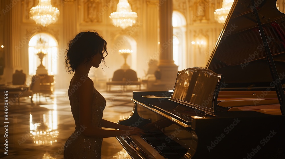 Ballroom woman and thinking with piano musician and mansion ready for ...