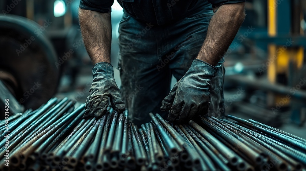Unidentifiable man in dark shirt dirty jeans and work gloves adds to a ...