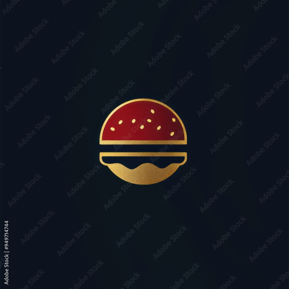 A stylized logo of a burger featuring a red top bun and a golden bottom ...