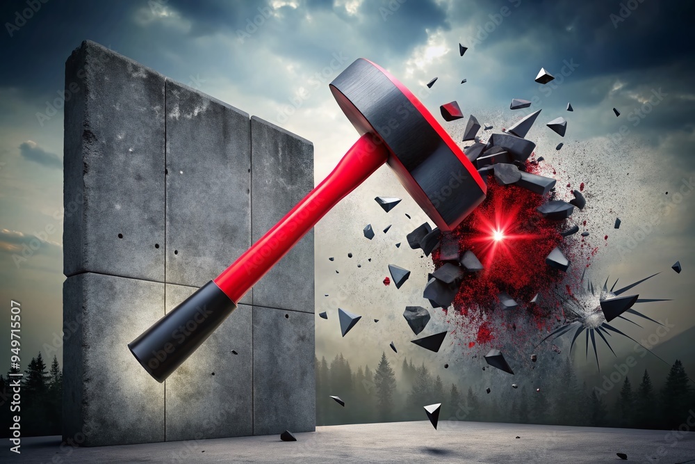 dramatic high-contrast illustration of a giant cartoon hammer smashing ...