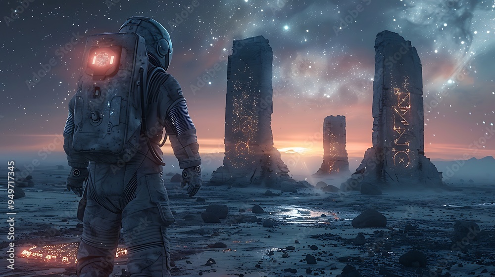 An astronaut discovering a circle of alien stone structures on a ...