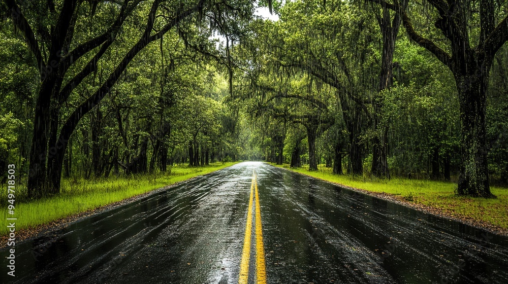 Rainy Day Scene Featuring a Wet Road and Trees, Capturing the Mood of ...
