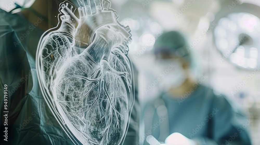 Heart surgery image. A surgeon performs a procedure with a digital ...