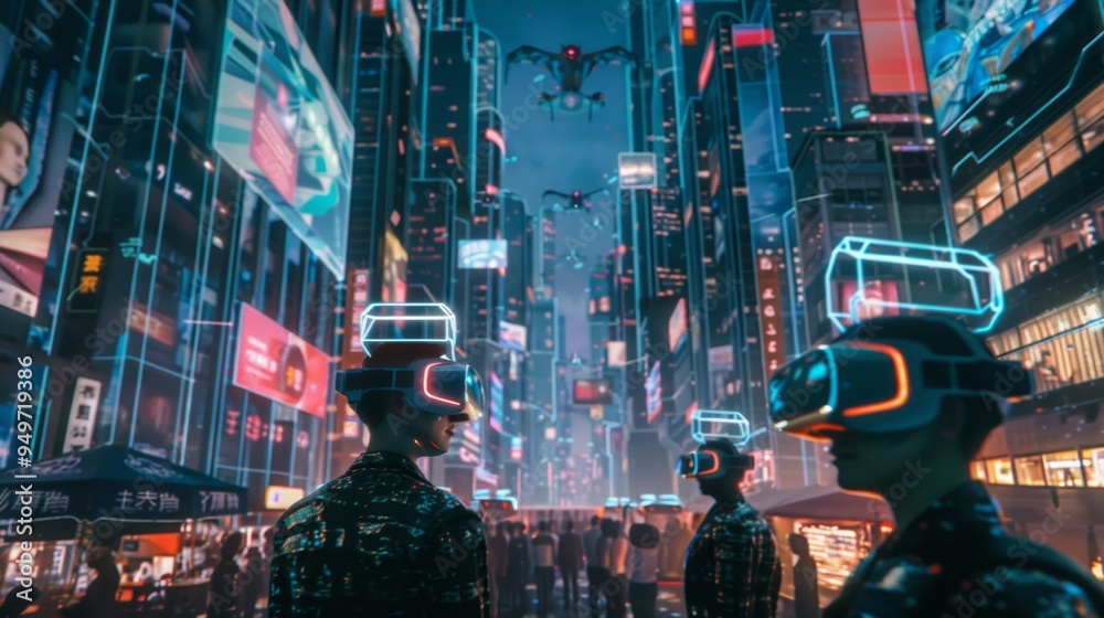 Vr cityscape. People wearing VR headsets walk through a futuristic city ...