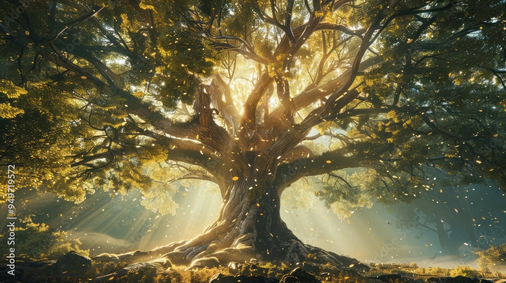 Majestic tree sunlight. Ancient tree bathed in golden sunlight ...