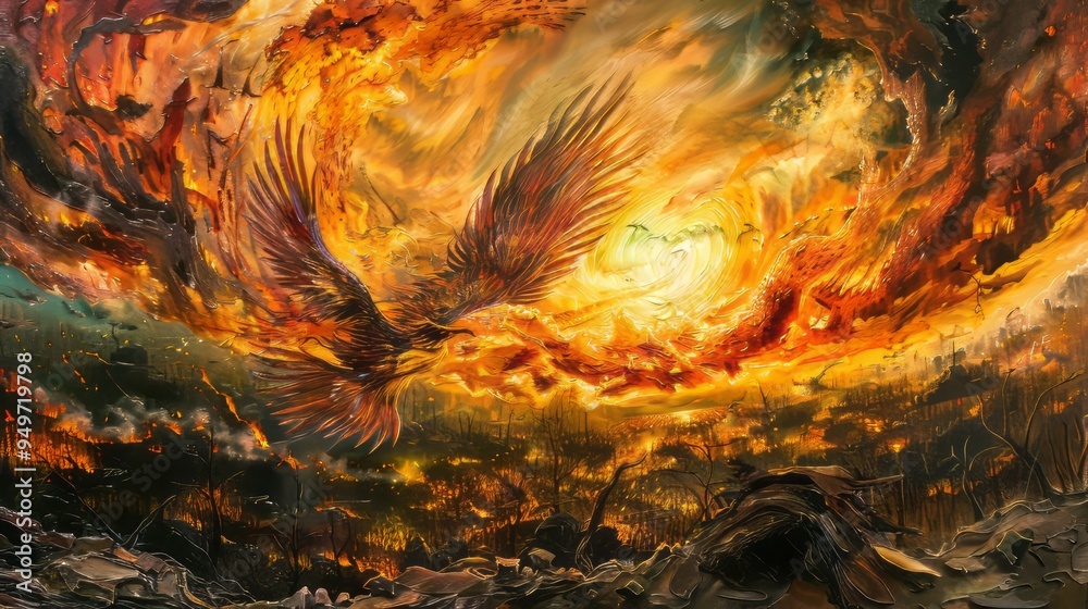 Firebird rising. A majestic firebird soars through flames, symbolizing ...