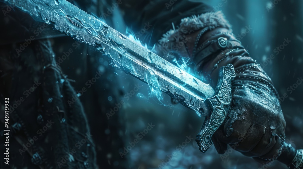 Ice sword. A gloved hand tightly grips a magical sword, its blade ...