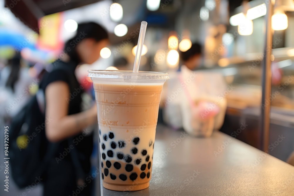 Taiwanese woman holds cup of bubble milk tea in crowded night ...