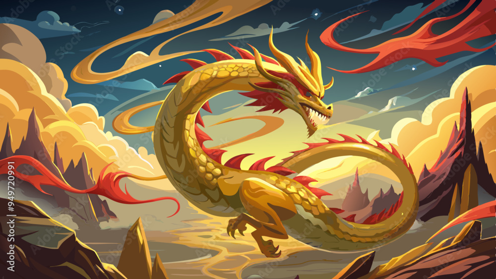 Majestic Golden Dragon Soaring in the Sky with Red Streamers. Perfect ...