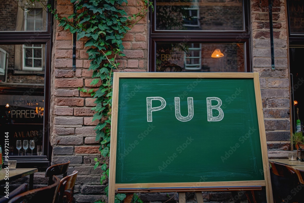 Green chalkboard with PUB QUIZ inscription in front of an open brick ...