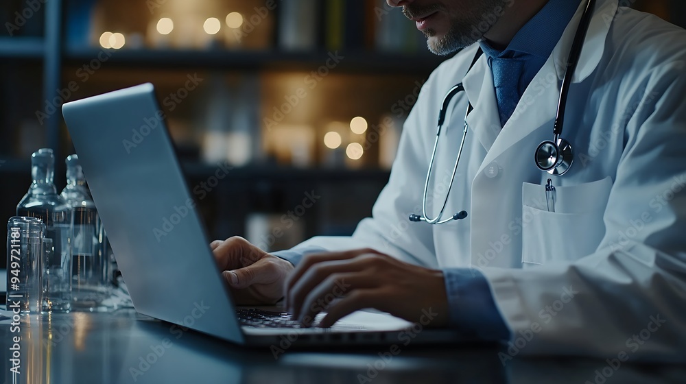 Medicine doctor use laptop to review patient medical records on virtual ...