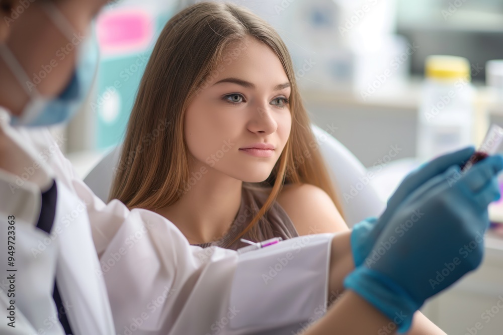 Young woman undergoing blood sampling procedure. Medical staff collect ...