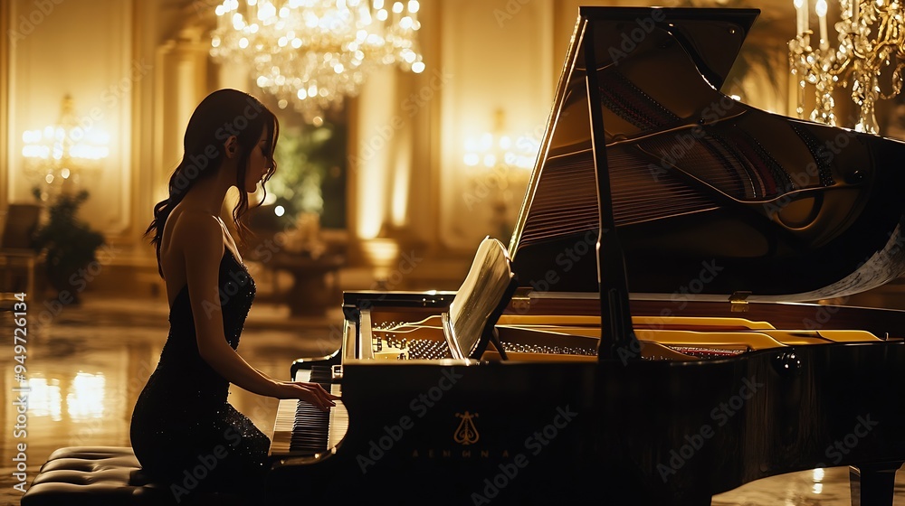 Ballroom woman and thinking with piano musician and mansion ready for ...