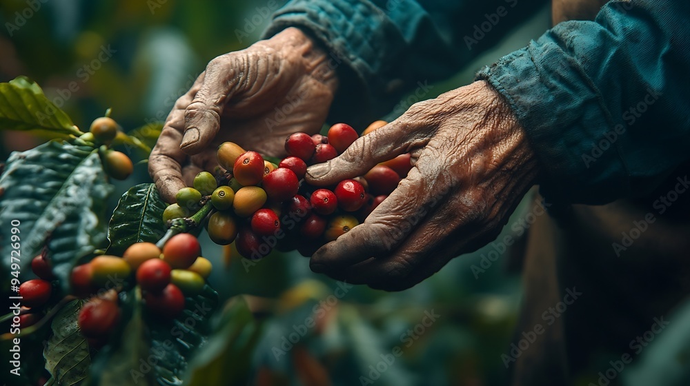 hands of a Guatemalan farmer grabbing fruit crops from a coffee ...