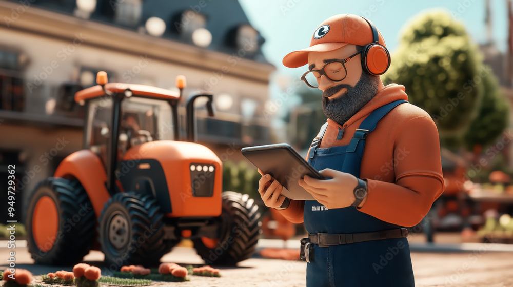 Animated character wearing work clothes and headphones using a tablet ...