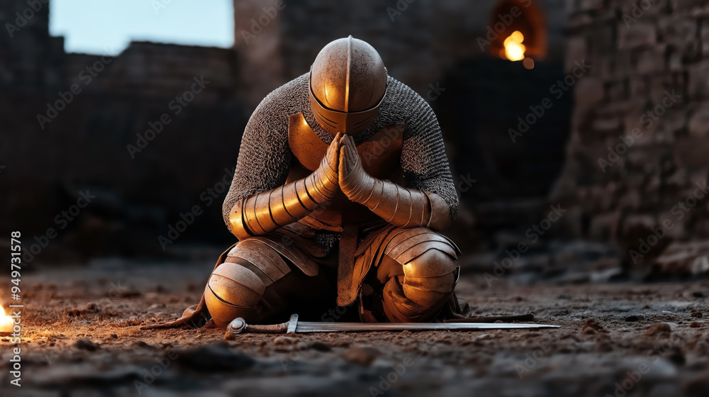 A medieval knight in full armor kneels in prayer with hands clasped ...