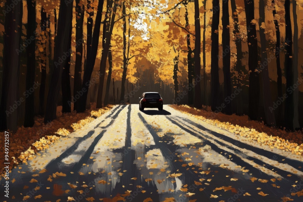 golden light casting long shadows on the asphalt, with a solitary car ...