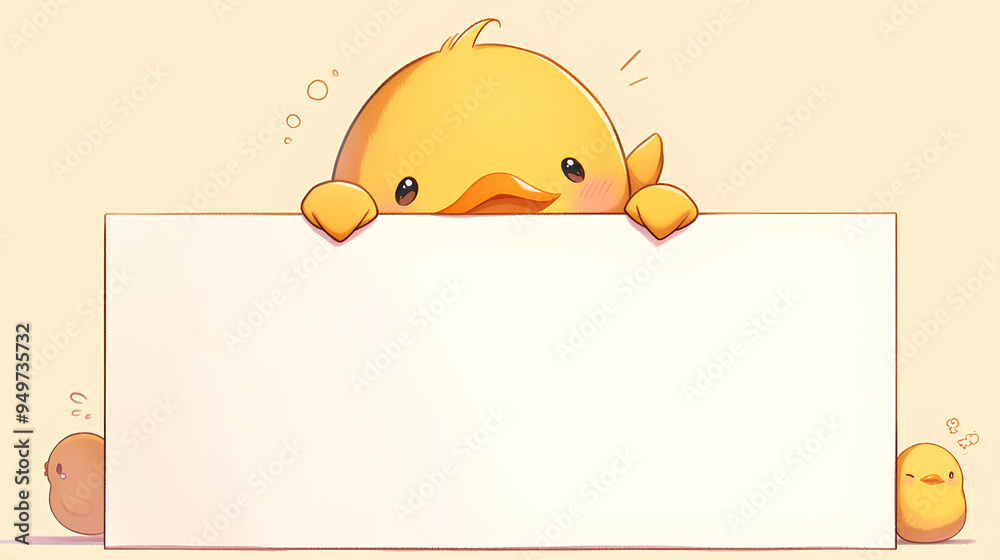 cute duck holding up a blank sign, colorful cartoon character, empty ...