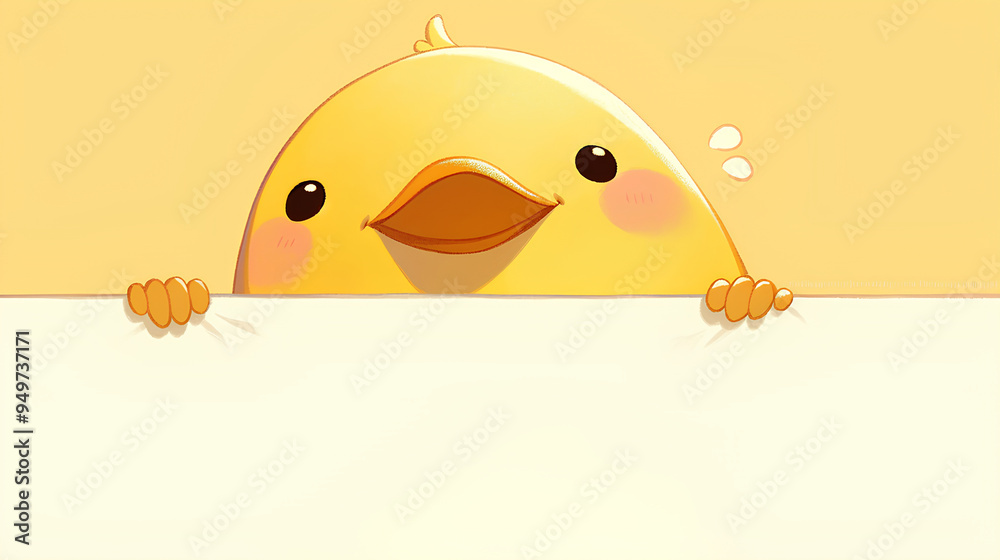 cute duck holding up a blank sign, colorful cartoon character, empty ...