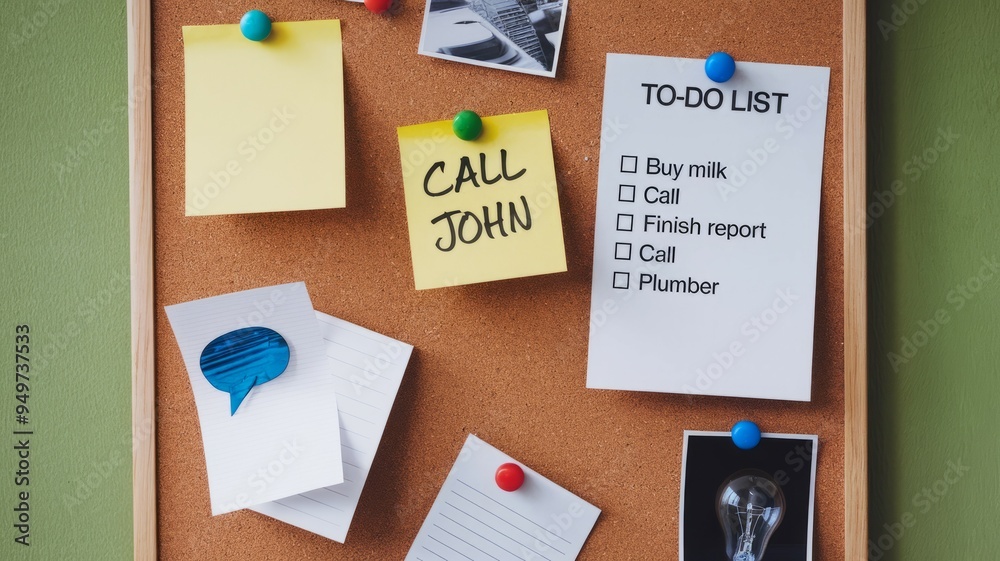 Task list board. Corkboard with a to-do list, sticky notes, and ...