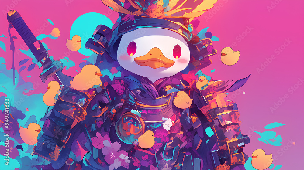 Cute duck wearing Japanese samurai armor, cool poses, cute kawaii ...